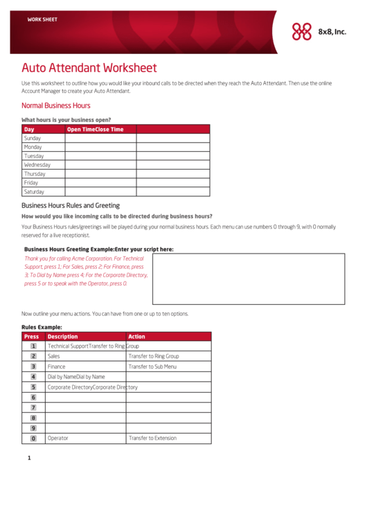 Auto Attendant Worksheet printable pdf download