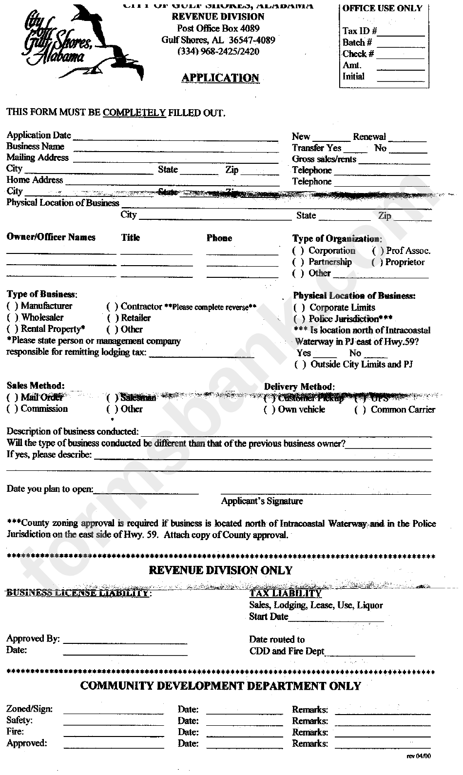 Business License Application - City Of Gulf Shores printable pdf download