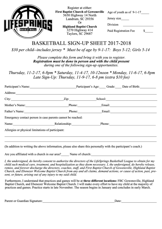 Basketball Sign Up Sheet 2017 2018 Printable Pdf Download