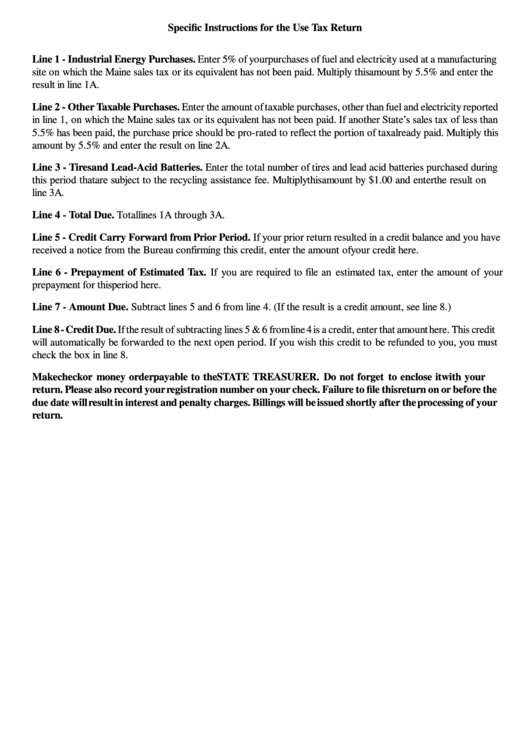 Specific Instructions For The Use Tax Return printable pdf download