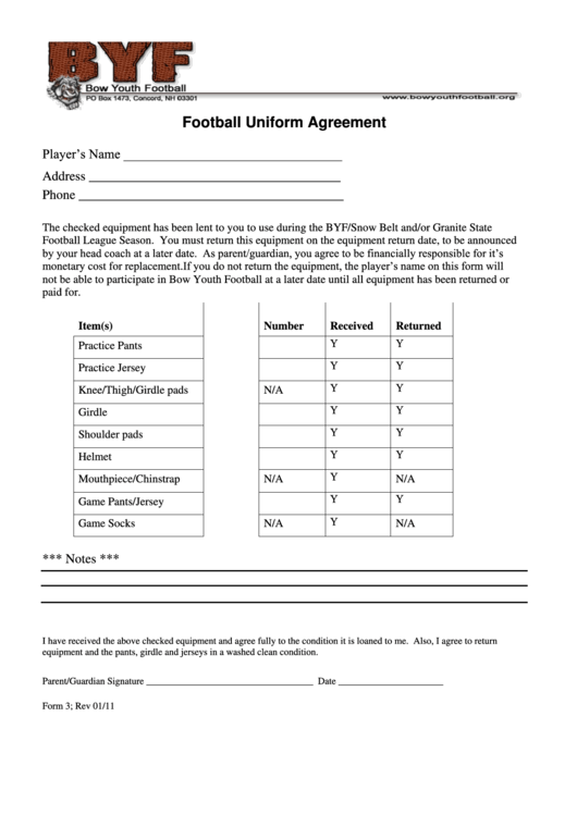Football Uniform Agreement printable pdf download