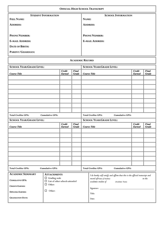Official High School Transcript Template Printable Pdf Download