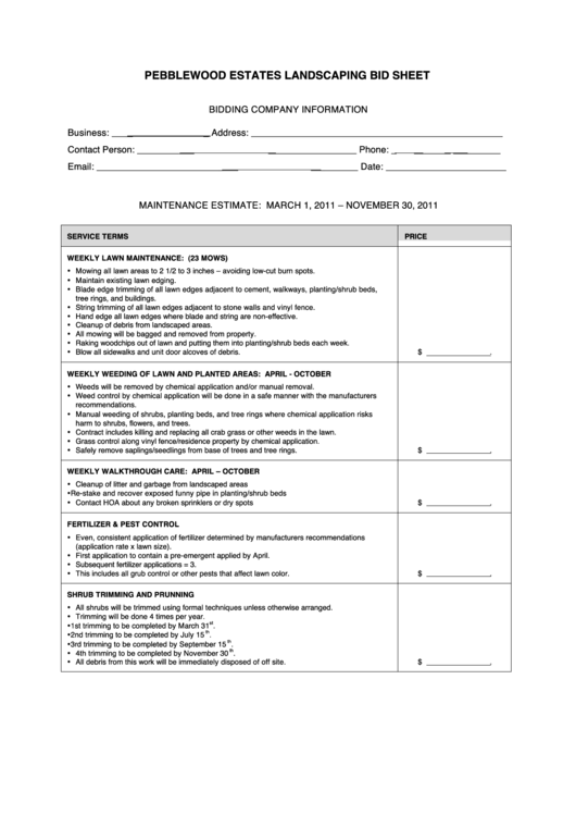 Free Printable Landscape Bid Template Printable World Holiday
