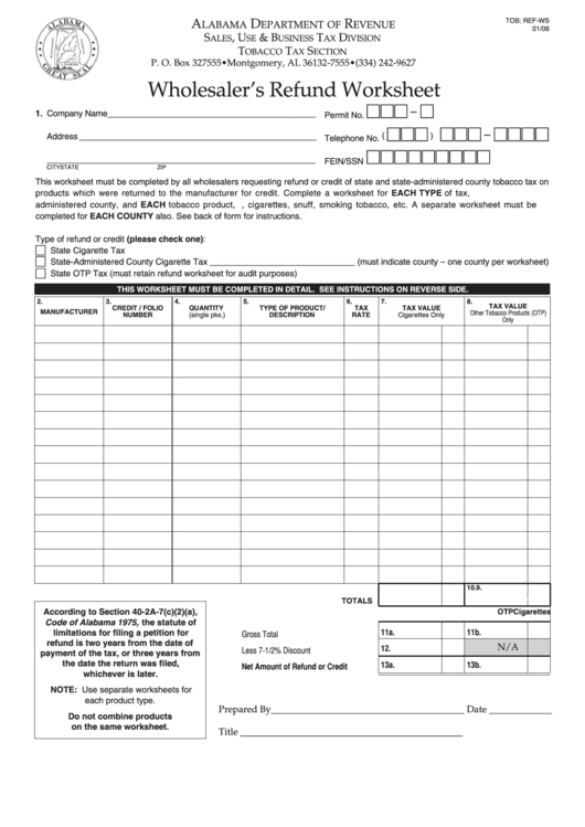 Fillable Form Tob: Ref-Ws - Wholesaler'S Refund Worksheet - 2006 ...