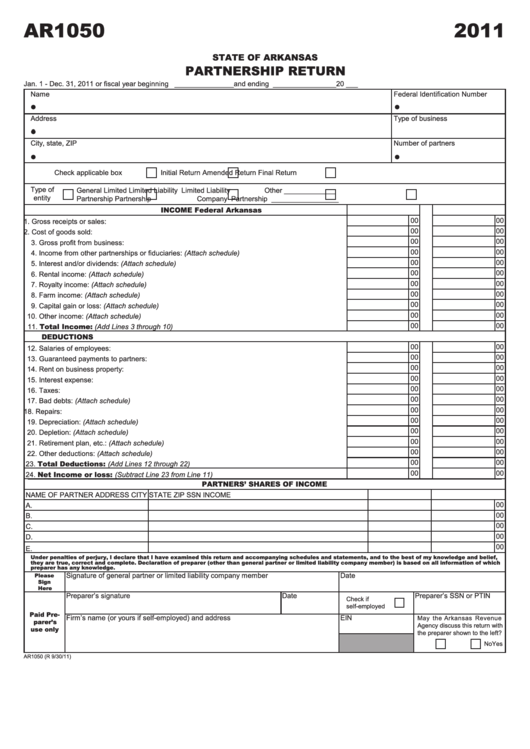 Fillable Form Ar1050 - Partnership Return - 2011 printable pdf download