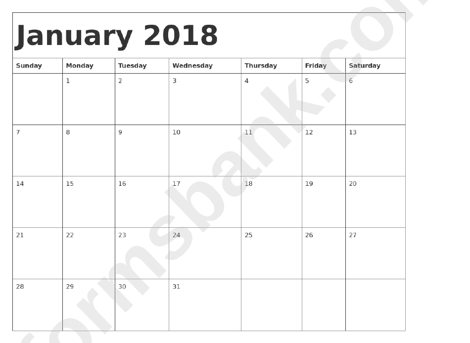 January 2018 Calendar Template printable pdf download
