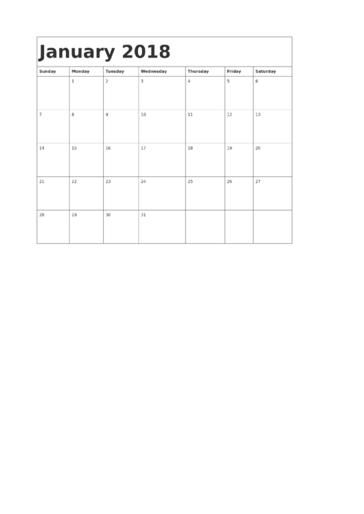 January 2018 Calendar Template printable pdf download