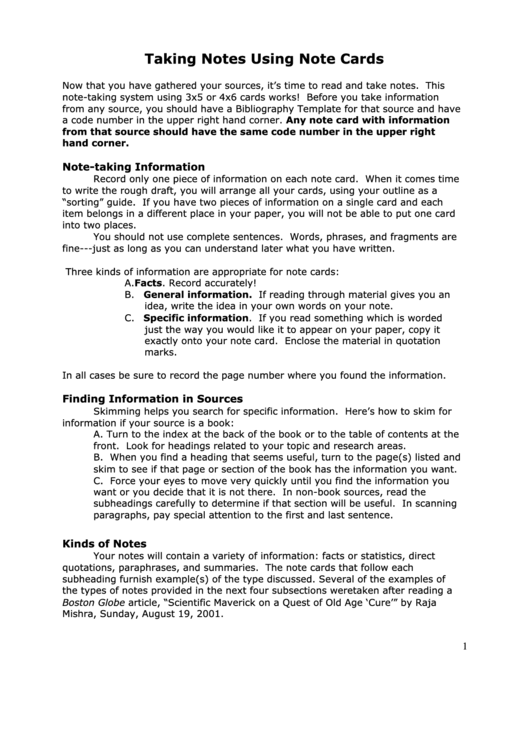 Taking Notes Using Note Cards printable pdf download