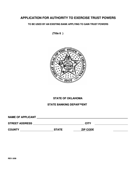 Fillable Application For Authority To Exercise Trust Powers - Oklahoma ...