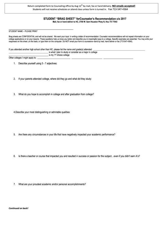Student Brag Sheet For Counselor S Recommendation C o 2017 Form