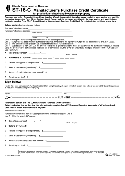 Fillable Form St-16-C - Manufacturer'S Purchase Credit Certificate ...