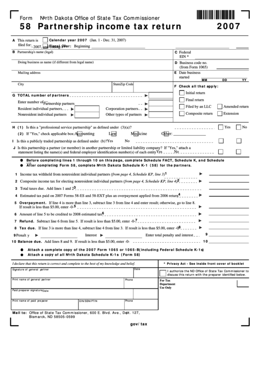 Form 58 - Partnership Income Tax Return - 2007 printable pdf download