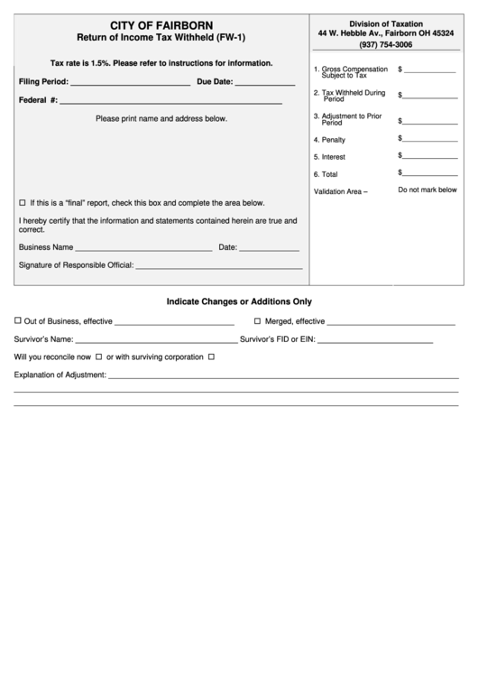 Form Fw-1 - Return Of Income Tax Withheld printable pdf download