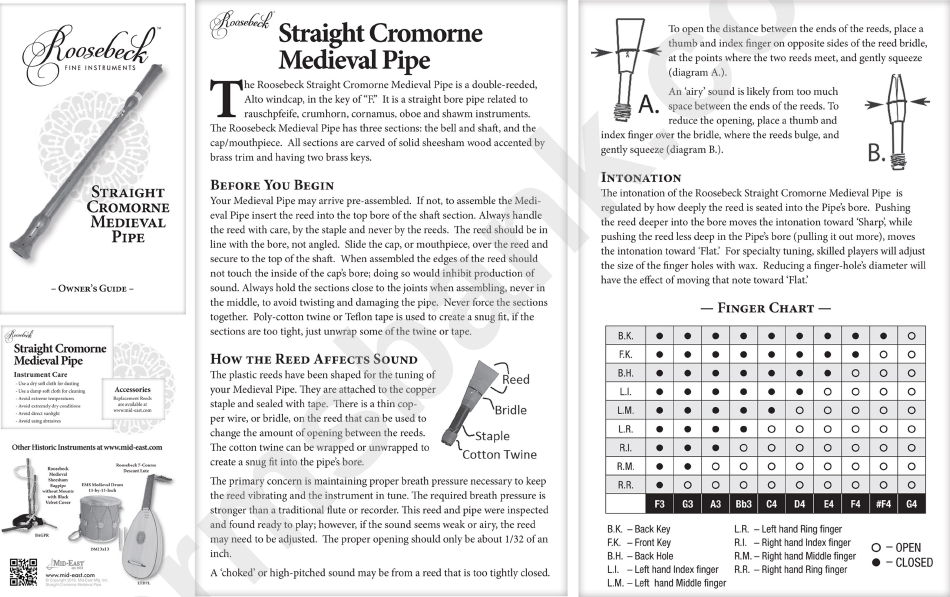 Straight Cromorne Medieval Pipe Fingering Chart printable pdf download