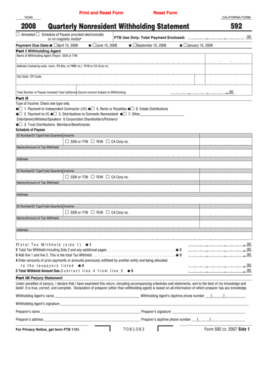 Fillable California Form 592 Quarterly Nonresident Withholding