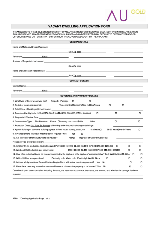 Fillable Vacant Dwelling Application Form printable pdf download