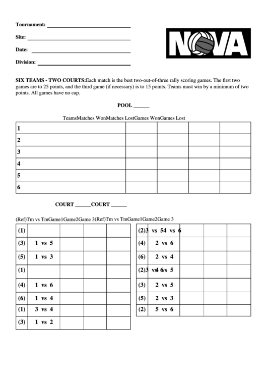 Fillable Six Teams Volleyball Tournament printable pdf download