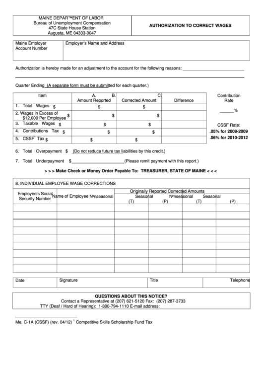 Form C-1a - Authorization To Correct Wages printable pdf download