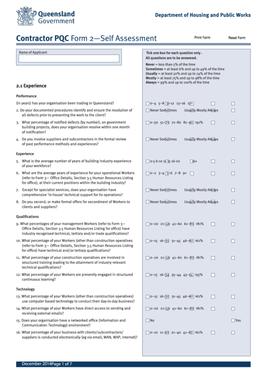 Fillable Contractor Pqc Form 2 - Self Assessment - Department Of ...