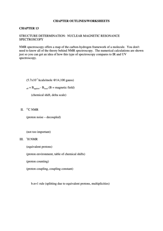 Nuclear Magnetic Resonance Spectroscopy Worksheet printable pdf download