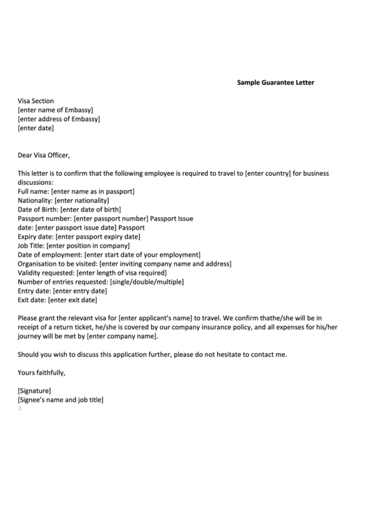 Sample Guarantee Letter For Visa Application Printable Pdf Download