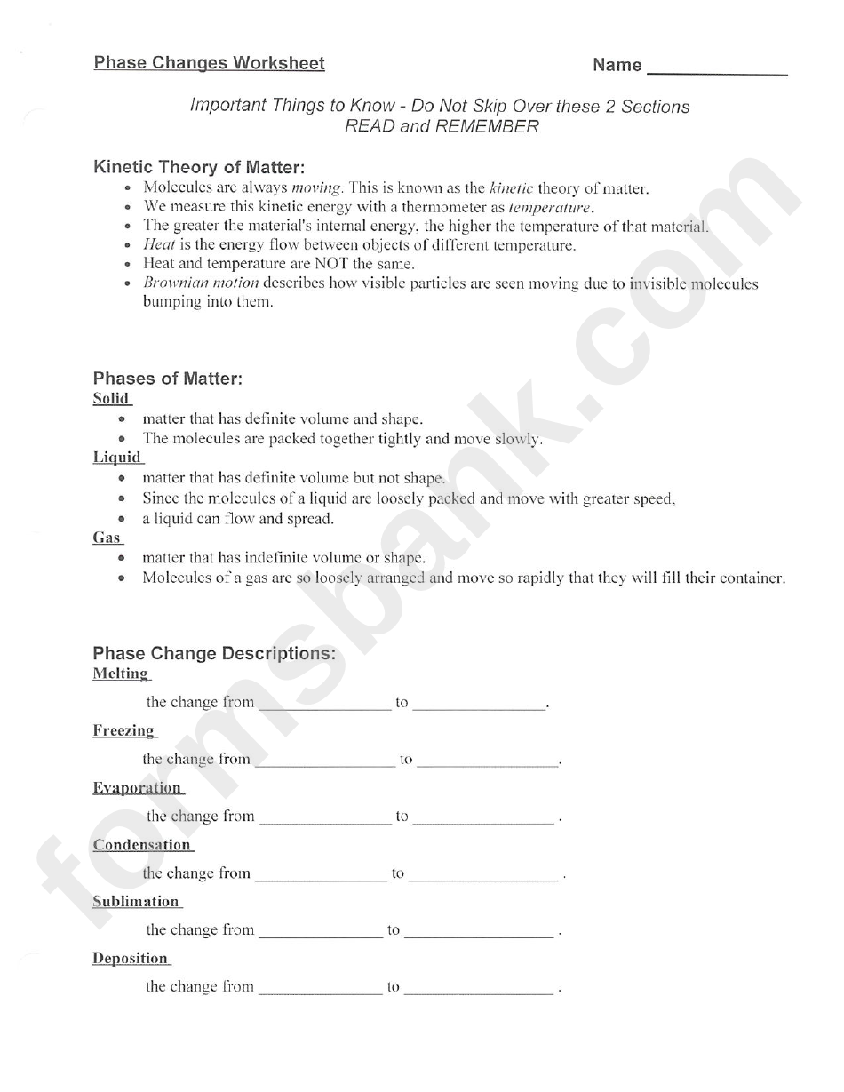 Phase Changes Worksheet printable pdf download