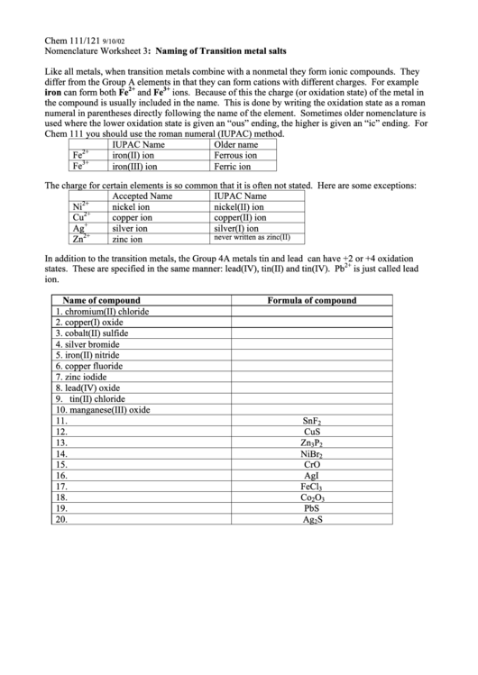 Naming Of Transition Metal Salts Worksheet Printable Pdf Download