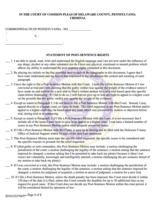 Fillable Statement Of Post-Sentence Rights printable pdf download