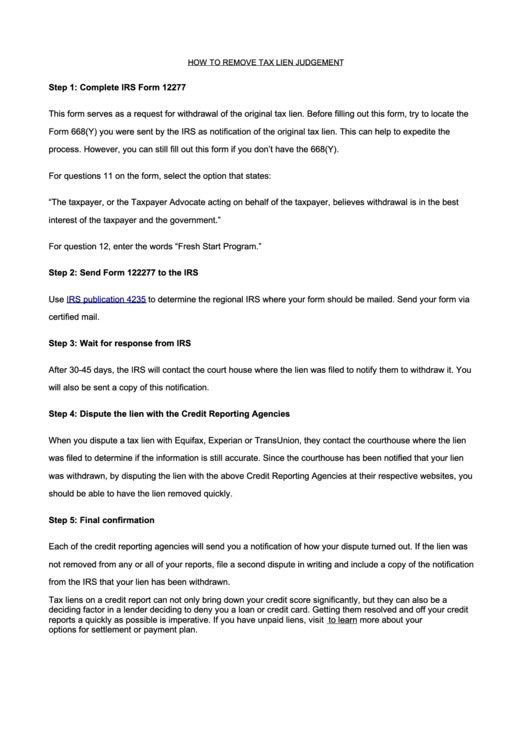 How To Remove Tax Lien Judgement printable pdf download