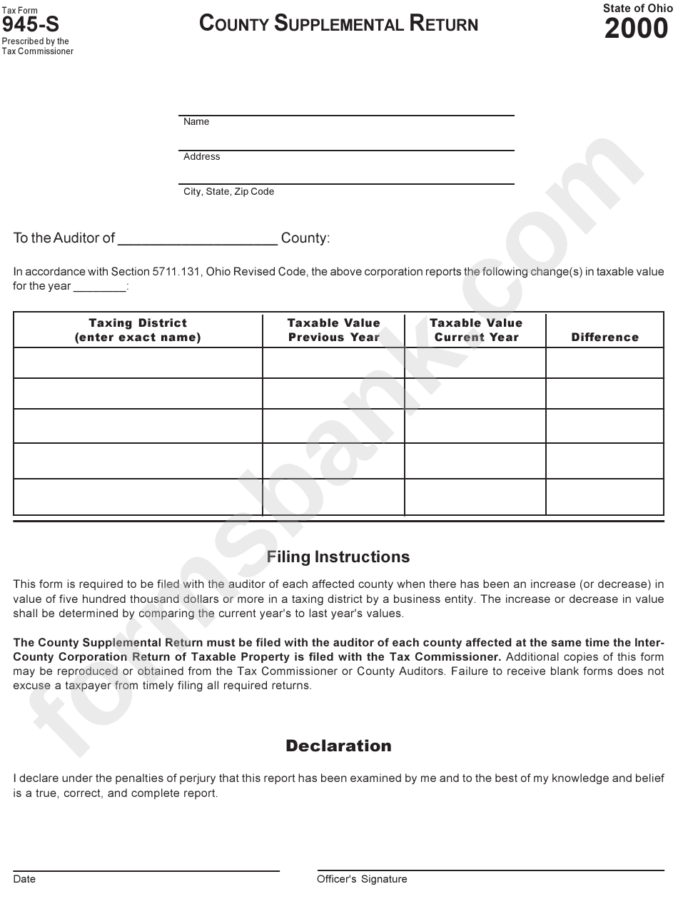 Tax Form 945-S - County Supplemental Return - 2000 printable pdf download