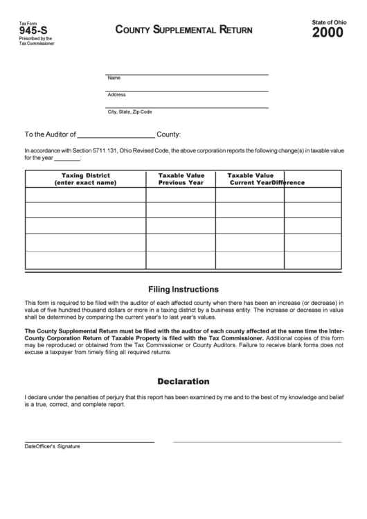 Tax Form 945-S - County Supplemental Return - 2000 printable pdf download