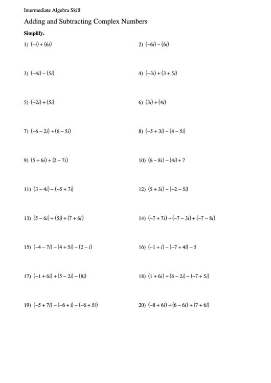 Adding And Subtracting Complex Numbers Worksheet Intermediate Algebra Skill Alma Rainer s