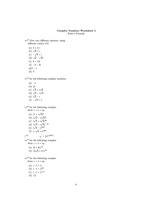 Complex Numbers Worksheet printable pdf download