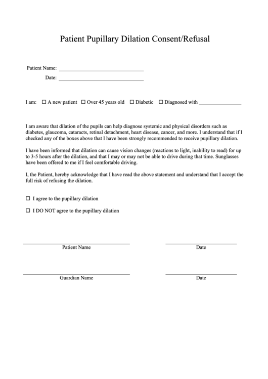 Patient Pupillary Dilation Consent/refusal printable pdf download