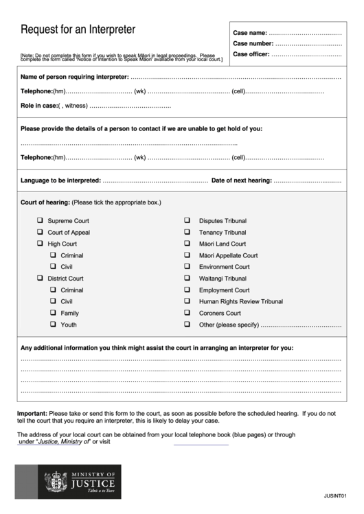 Request For An Interpreter printable pdf download