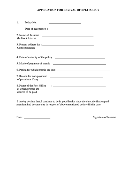Application For Revival Of Rpli Policy printable pdf download