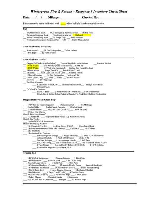 Response 9 Inventory Check Sheet - Wintergreen Fire & Rescue printable ...