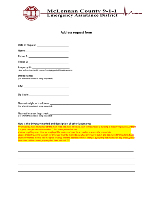 Address Request Form - Mclennan County 9-1-1 printable pdf download
