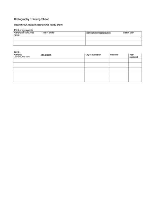 Bibliography Tracking Sheet printable pdf download