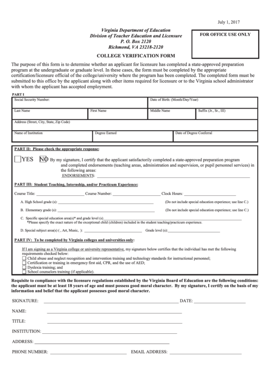 College Verification Form Virginia Department Of Education Printable
