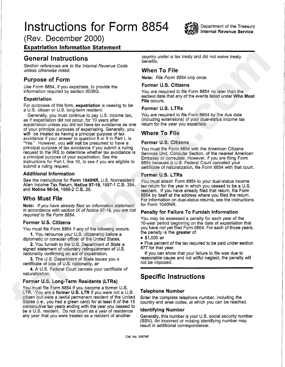 Form 8854 - Expatriation Information Statement printable pdf download