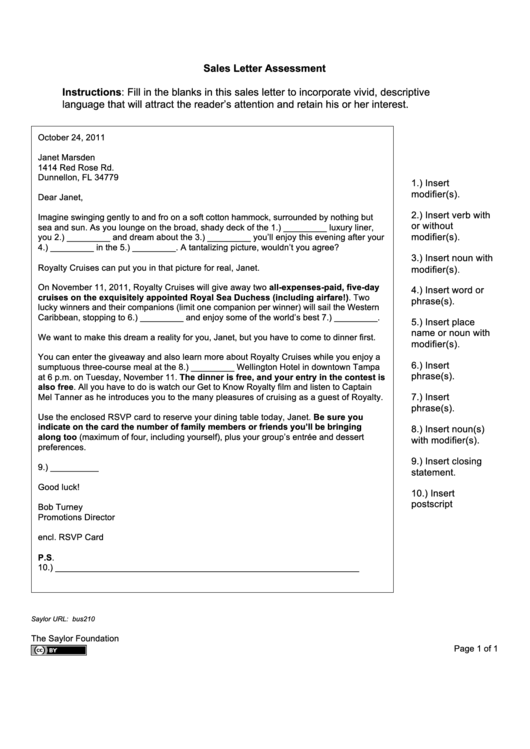 Sales Letter Assessment printable pdf download