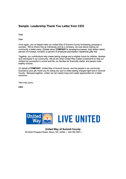 Sample: Leadership Thank You Letter From Ceo printable pdf download
