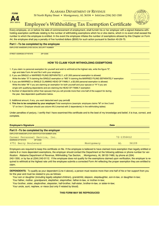 Fillable Form A4 Employee S Withholding Tax Exemption Certificate 