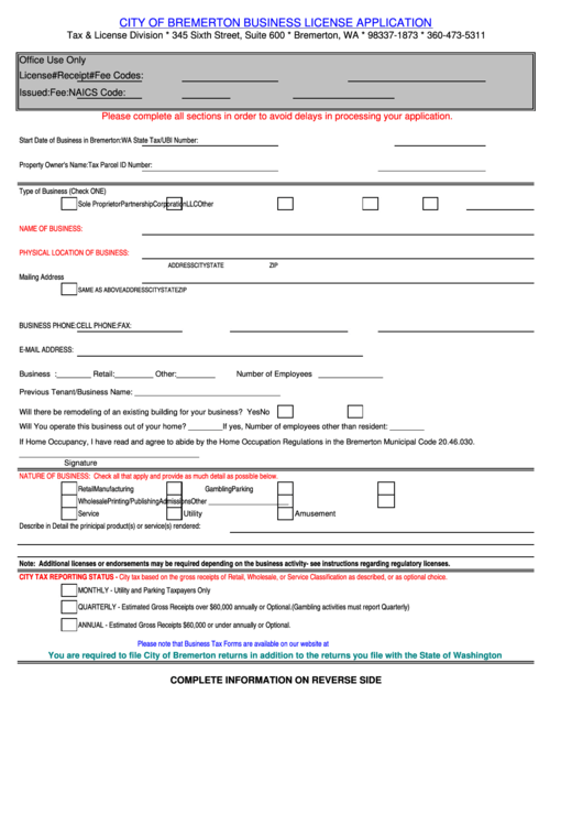 City Of Bremerton Business License Application printable pdf download