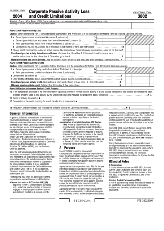 California Form 3802 - Corporate Passive Activity Loss And Credit ...