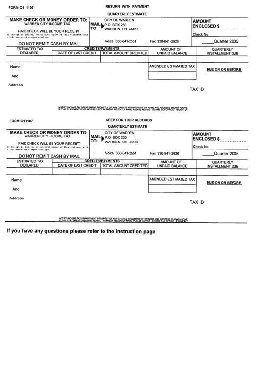 Form Q1 1107 - Quarterly Estimate - 2005 printable pdf download