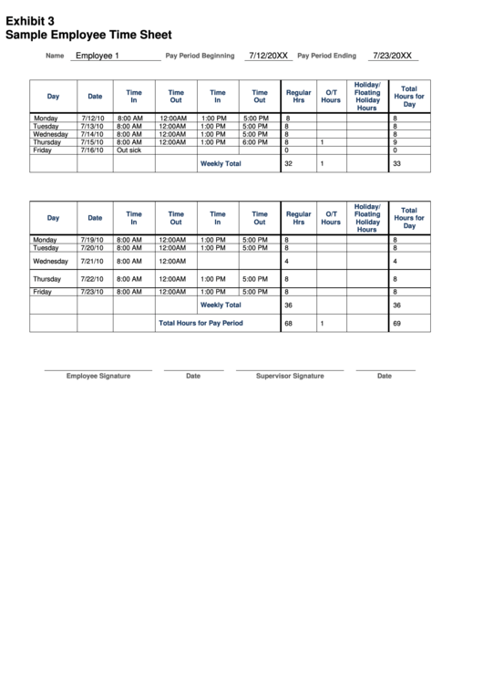 Exhibit 3 Sample Employee Time Sheet printable pdf download