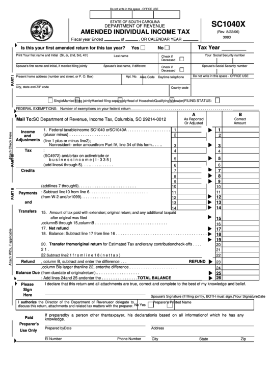 Form Sc1040x - Amended Individual Income Tax printable pdf download