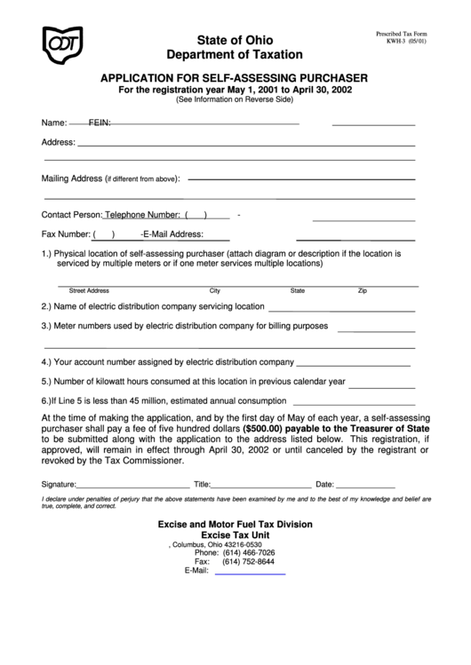 Prescribed Tax Form Kwh-3 - Application For Self-Assessing Purchaser ...